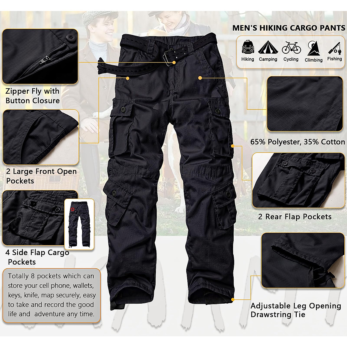 TRGPSG Men's Ripstop Wild Cargo Pants Multi-Pocket Military Army Camo Casual Work Combat Trousers 5335 Black 32