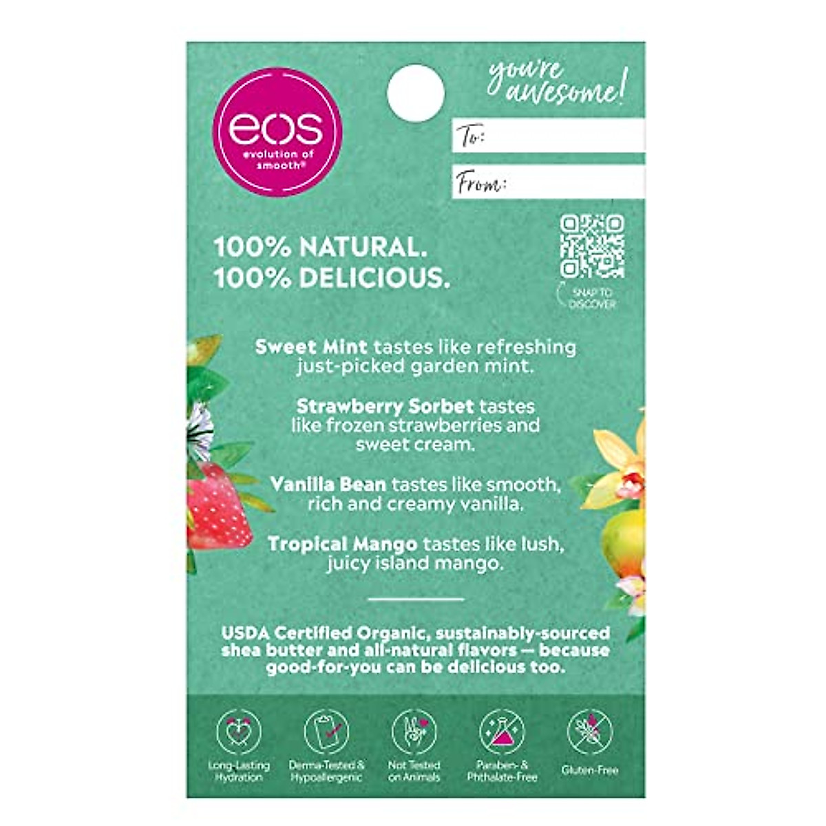 eos 100% Natural & Organic Lip Balm Sticks, Lip Care Variety Pack, Sweet Mint, Strawberry Sorbet, Vanilla Bean, Tropical Mango, 4 Count (Pack of 1)