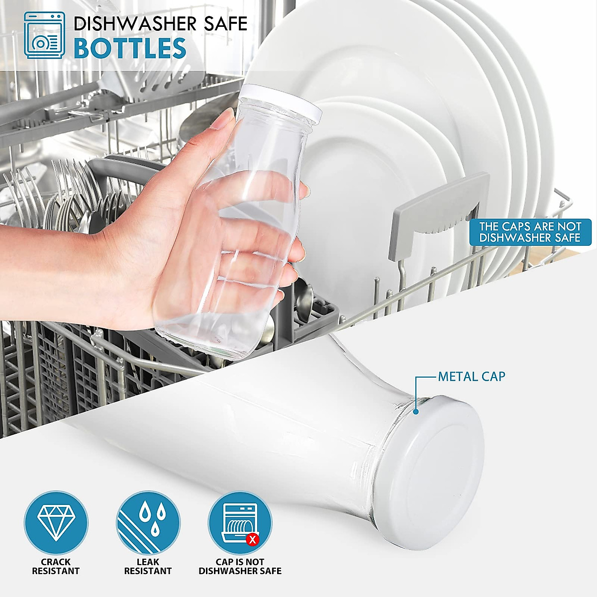 YEBODA 11oz Glass Milk Bottles with Reusable Metal Twist Lids and Straws for Beverage Glassware and Drinkware Parties, Weddings, BBQ, Picnics, Set of 12