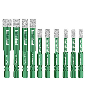 Mgtgbao 10PCS Green Dry Diamond Drill Bits Set, Core Drill bit for Granite Marble Tile Ceramic Stone Glass Diamond Hole Saw Kit with Size 3/16,1/4, 5/16, 3/8, 1/2