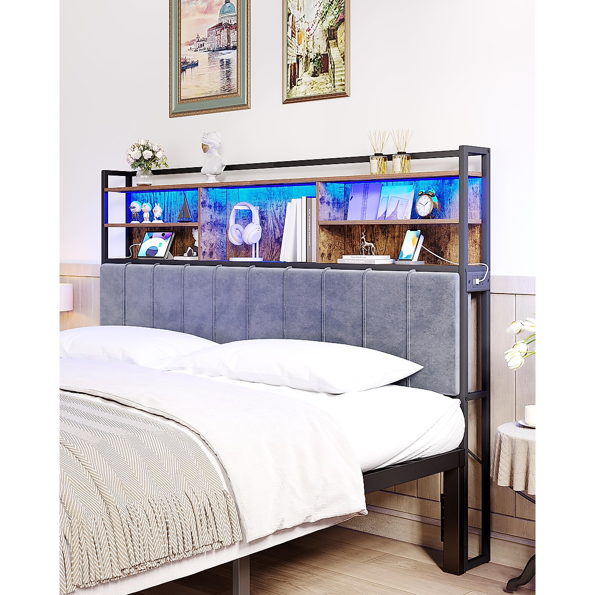 Hzuaneri Headboard with 3-Tier Storage Shelves, Upholstered Head Board with 2 Outlets, USB Ports & LED Light, Soft Backrest for King Size Bed Rustic Brown and Black BH19401B