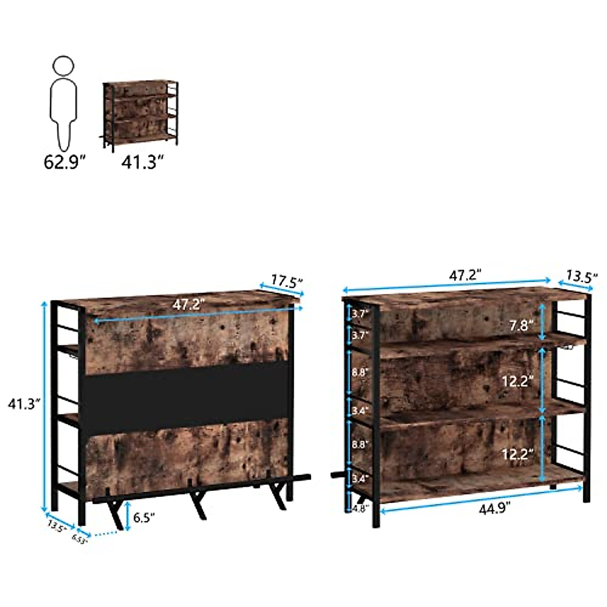 PAKASEPT Home Bar Unit, Industrial Liquor Bar Cabinet Table with Stemware Racks Storage and Footrest, Freestanding Mini Bar Wine Cabinet for Home Kitchen Pub