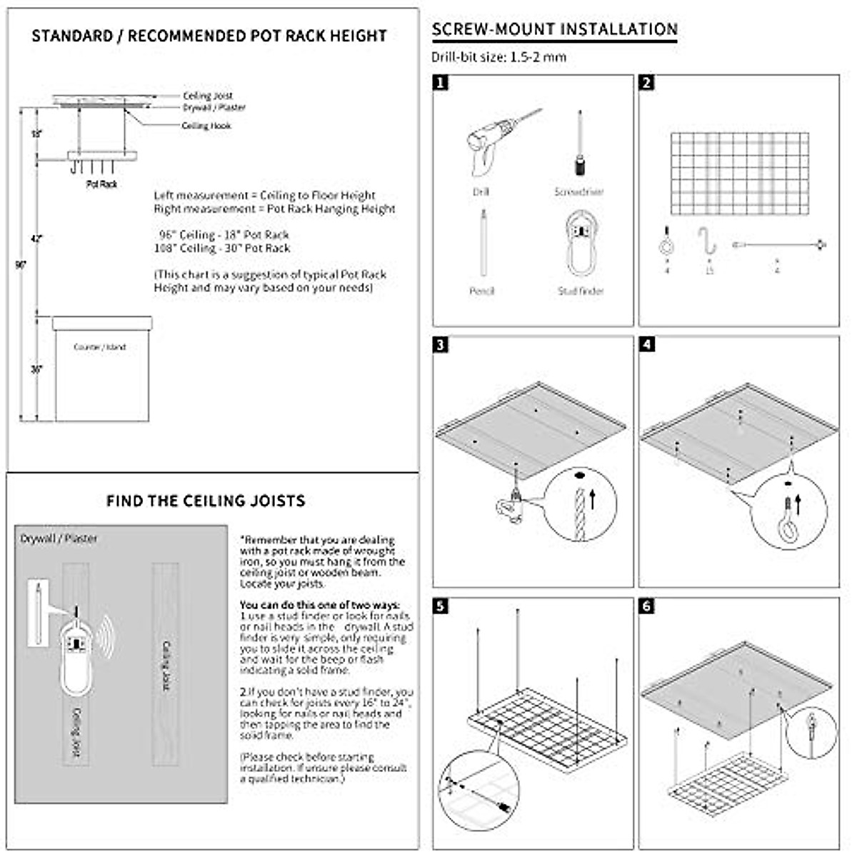 KES Ceiling Pot Rack 30 Inches, Hanging Pots and Pans Organizer Rack for Ceiling with 15 Hooks, Matt Black Kitchen Pot Hanger Rack, KUR219S75-BK