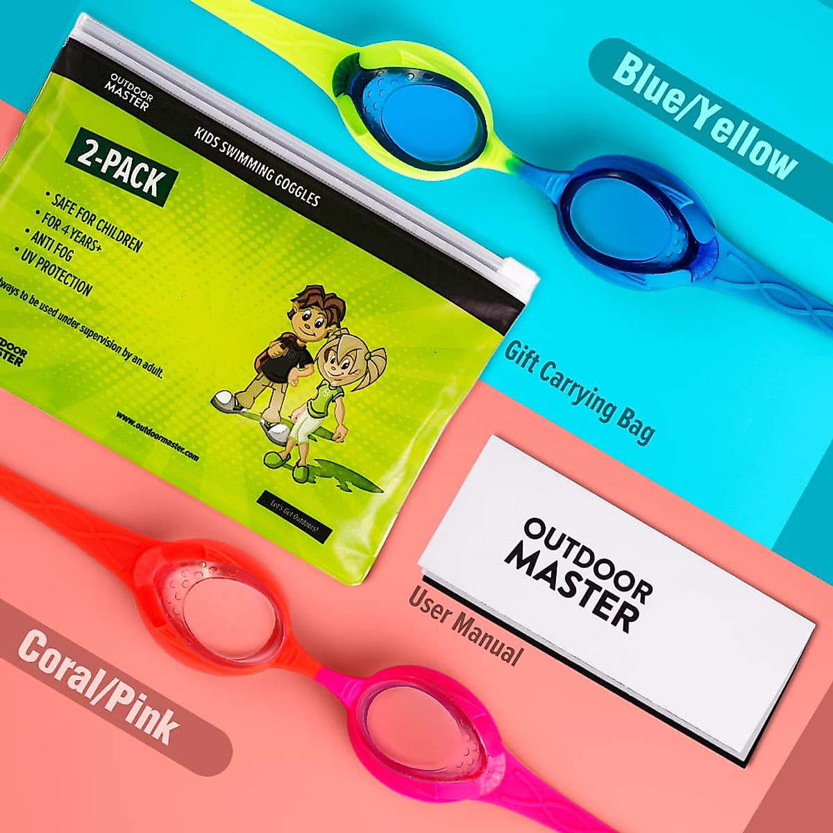 OutdoorMaster Kids Swim Goggles 2 Pack - Quick Adjustable Strap Swimming Goggles for Kids - E