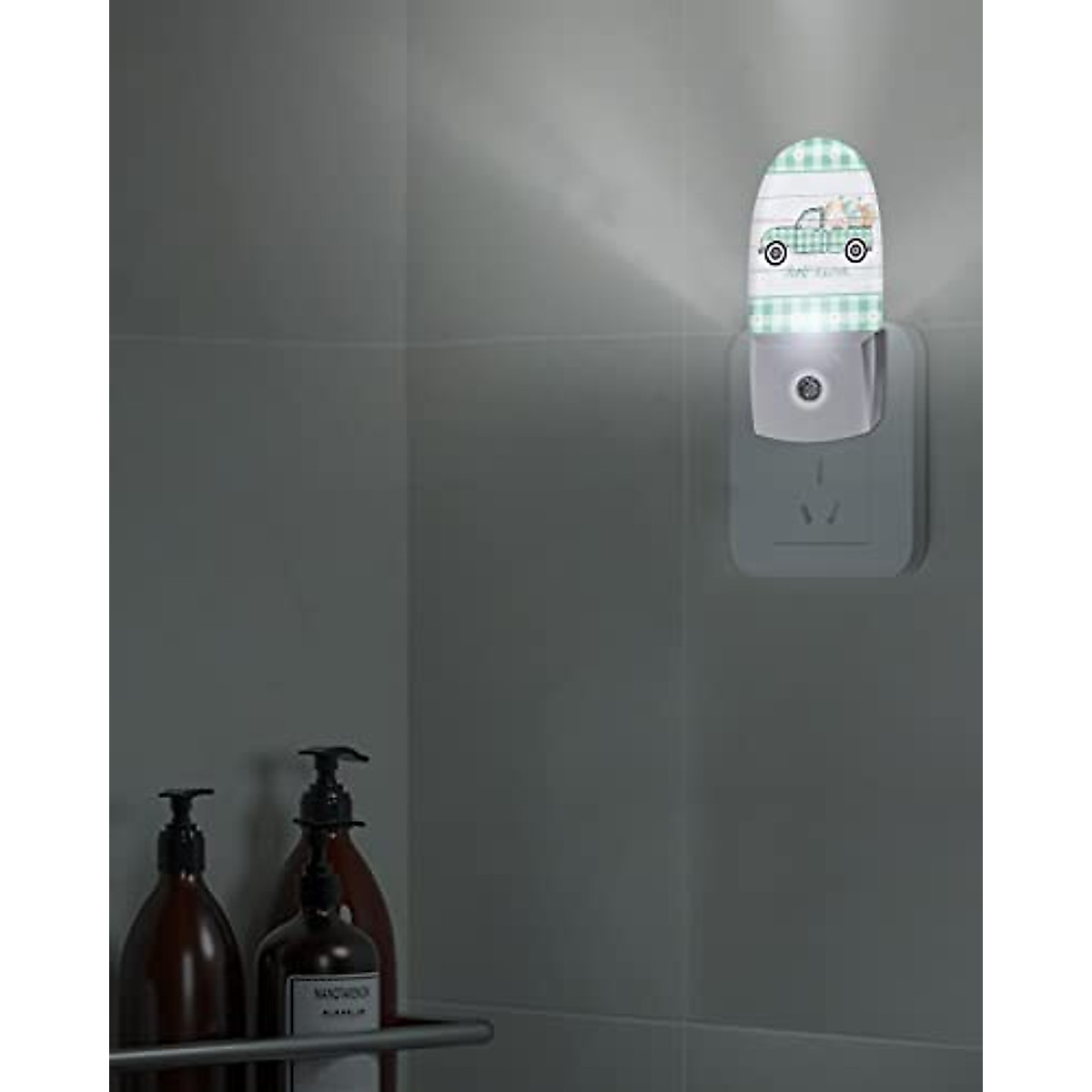 Plug-in LED Night Light with Auto Light Sensor - Popsicle Shape Nightlight Baby Night Lights for Hallway Bedroom Kids Room - Happy Easter Green Plaid Truck with Bunny and Easter Eggs Retro Wood Board