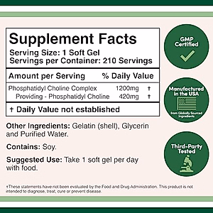 Phosphatidylcholine 1,200mg – 210 Softgels – Enhanced Version of Sunflower and Soy Lecithin (Choline Supplements) - Non-GMO and Gluten Free to Support Brain Health by Double Wood