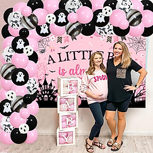 Halloween Baby Shower Decorations for Girl, A Little Boo is Almost Due Baby Shower Decorations, Halloween Balloon Garland with Baby Boxes for Pink Black Little Boo Party Decor