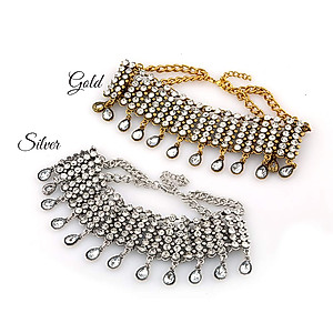 YERTTER Vintage Boho Full Rhinestones Necklaces Tassel Jewelry Set Layered Pendant Statement Chunky Chain Necklace for Women