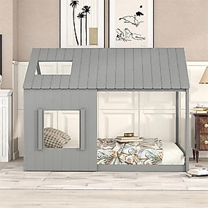 Full House Bed, Montessori Bed Full Size Floor Bed with Rails and Roof, Window, Solid Wood Platform Bed Frame with Slats, for Kids Teens Girls Boys (Full Size, Gray)