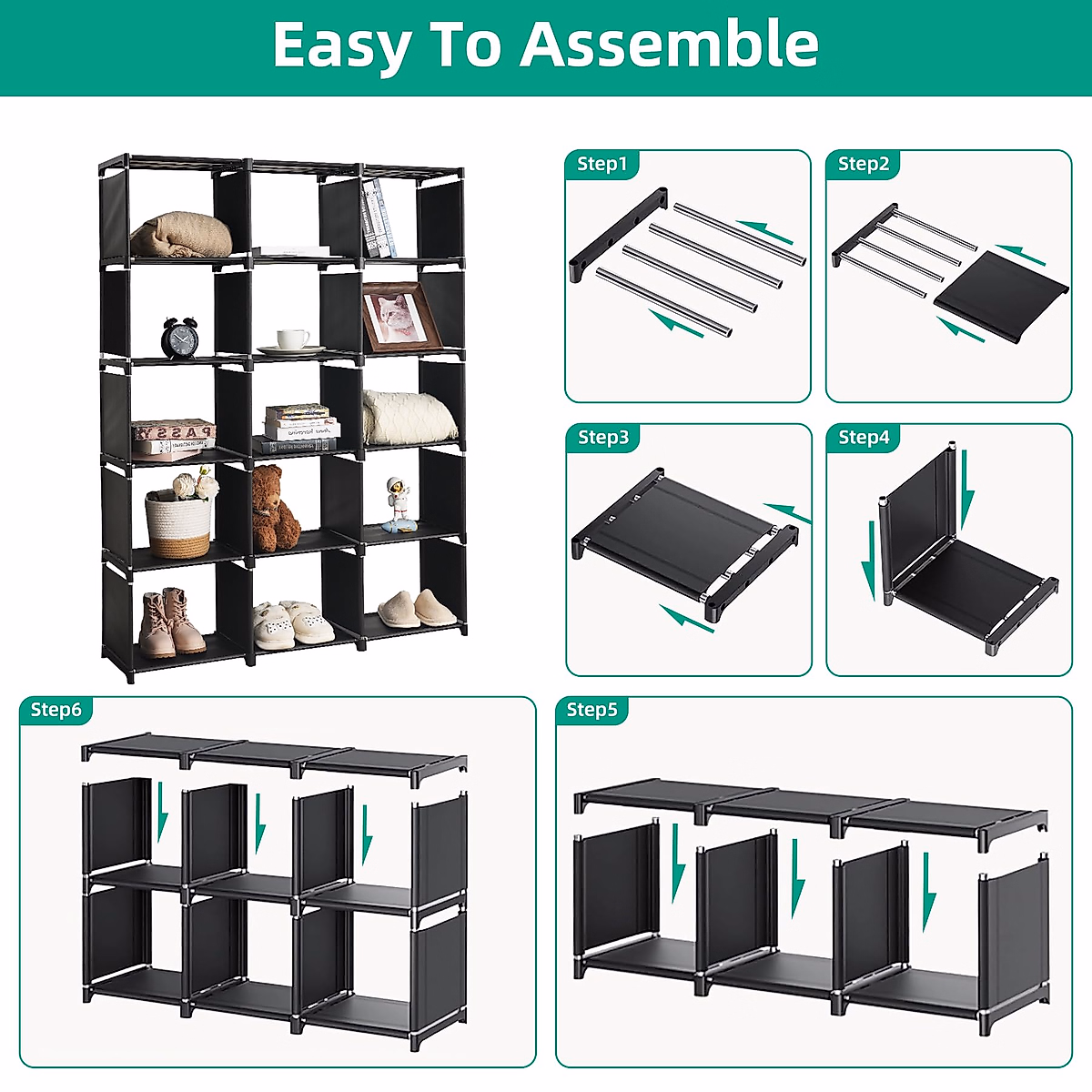 ANTSUN Book Shelf Assembled Storage Rack 6/9/12/15/18/20 Grid DIY Bookcase Vertical Cabinet Bookshelves Large Cube Storage Orangnizer Shelves for Bedroom, Living Room, Home Office (15-Grid Black)