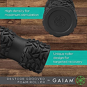 Gaiam Restore Grooved Foam Roller - Cradles The Spine, Calf, or Arms for Deep Muscle Release - Lightly Textured with Padding for Gentle Massage - 8"L x 4"D - Includes Massage Guide