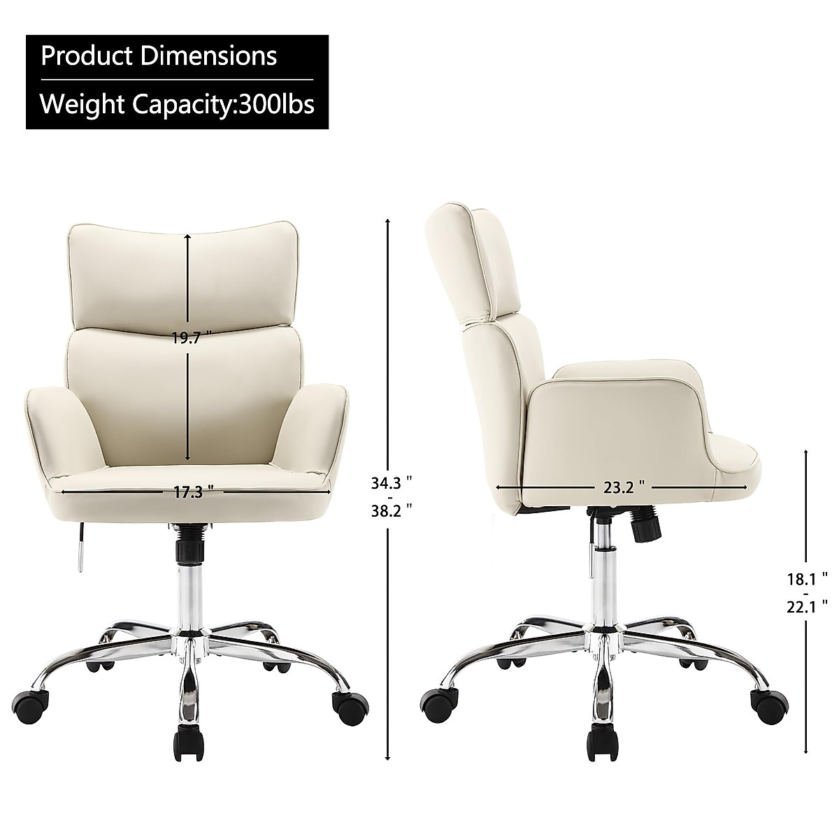 BERYTH Home Office Chair with Wheels, Adjustable Height Swivel Mid-Back Armchair Task Chair, Modern PU Leather Ergonomic Tilt Computer Desk Vanity Chair for Office, Study Room(PU Beige)