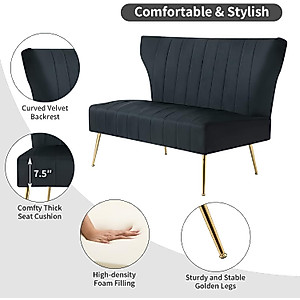 WQSLHX 50’’ Velvet Modern Armless Loveseat Sofa, Upholstered Small Wingback Couch Sofa with Golden Metal Legs, 2 Seater Tufted Couch for Bedroom, Apartment Small Space, Black