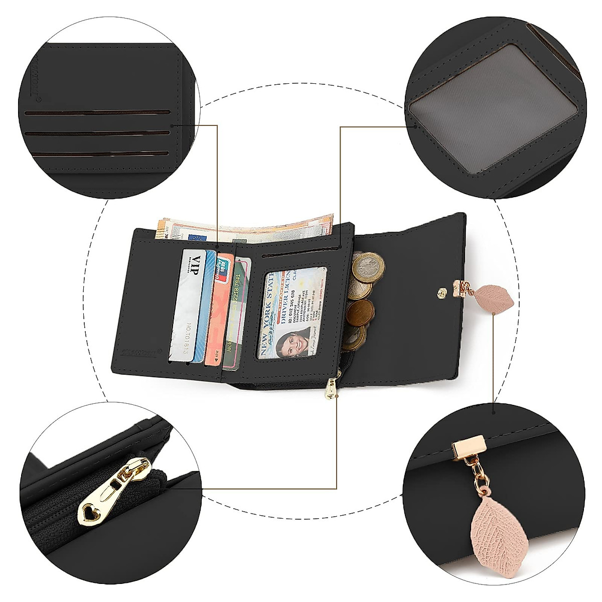 CALIYO Wallets for Women, Leaf Card Holder Trifold Small Wallets for Women , Silm Wallets Zipper Coins Pocket with ID Window,Black