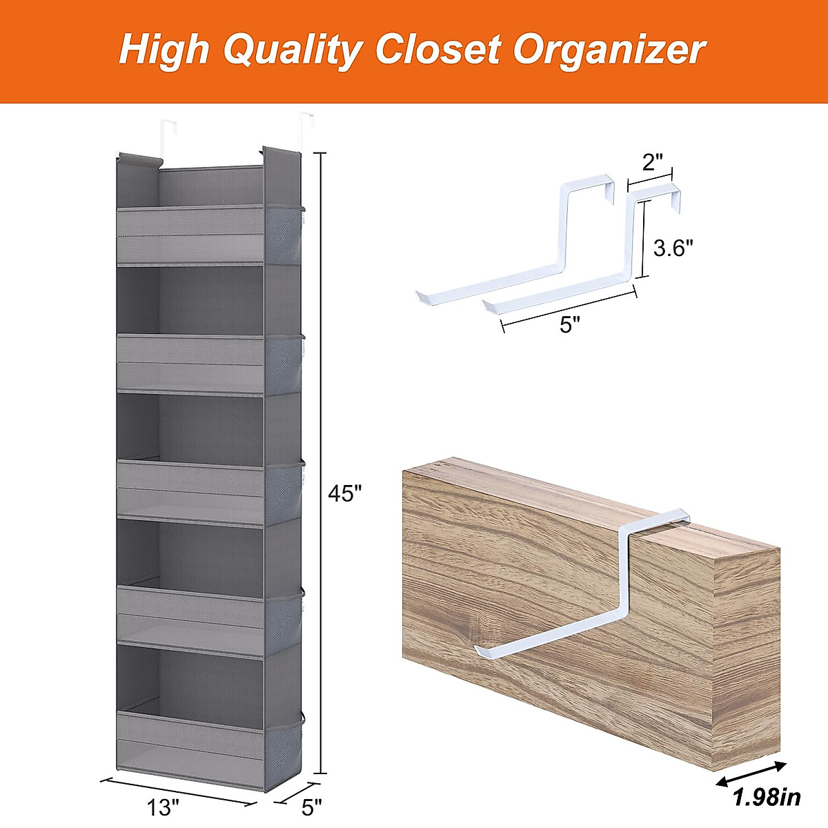 Fixwal Over The Door Hanging Organizer 5 Shelf Bathroom Organizers and Storage with 2 Large Metal Hooks and 12 Pockets for Bedroom, Living Room, Baby Nursery, Bathroom, Kitchen (Grey)