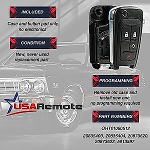 Key Fob Keyless Entry Remote Flip Shell Case & Pad fits Chevy 2010-2017 Equinox / 2012-2017 Sonic / 2015-2017 Trax / GMC 2010-2017 Terrain