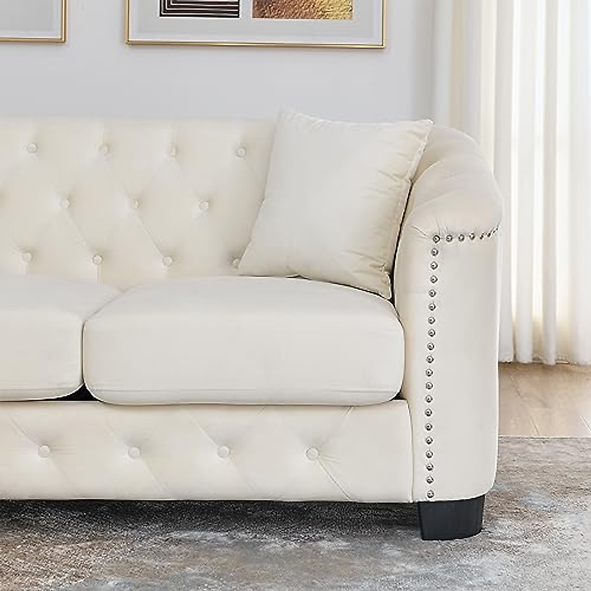Goohome 77" Modern Chesterfield Sofa 3-Seater, Velvet Loveseat Sofá Couches for Living Room, Comforty Upholstered Tufted Backrests with Nailhead Arms and 2 Cushions, for Apartment Bedroom, C-Beige c