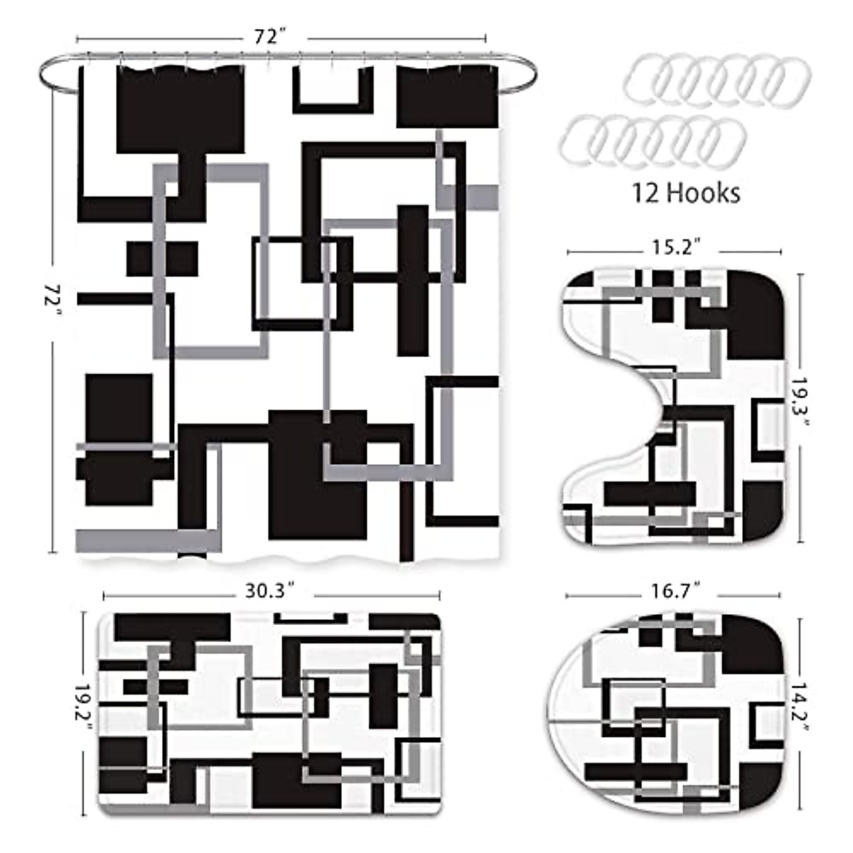 Gibelle 4 Pcs Bathroom Shower Curtain Set with Non-Slip Rugs, Toilet Lid Cover and Bath Mat, Grey Black and White Bathroom Decor Set with Shower Curtain and Rugs and Accessories