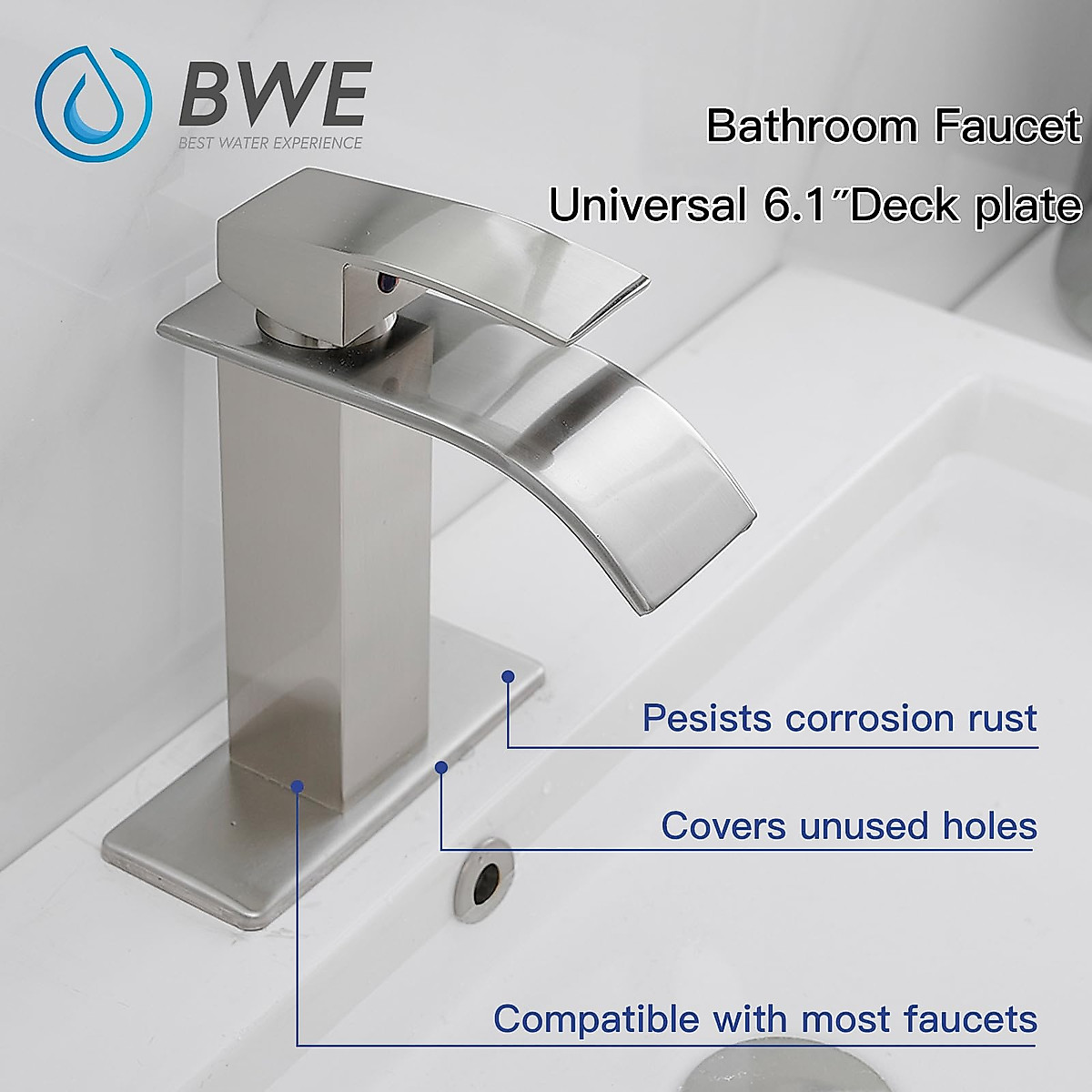 BWE Stainless Steel Plate Faucet Cover Escutcheon 6.1 Inch for 1 or 3 Hole Bathroom Sink Faucet Brushed Nickel Deck Plate Rectangular Vanity Basin Sink Hole Cover Cap Modern