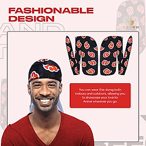 Red Clouds Silky Durag - Black Designer 360 Wave Du Rag with Long Wide Tails and Quadruple Stitching - Smooth Silk Fabric for Comfort Compression (Akat Black)