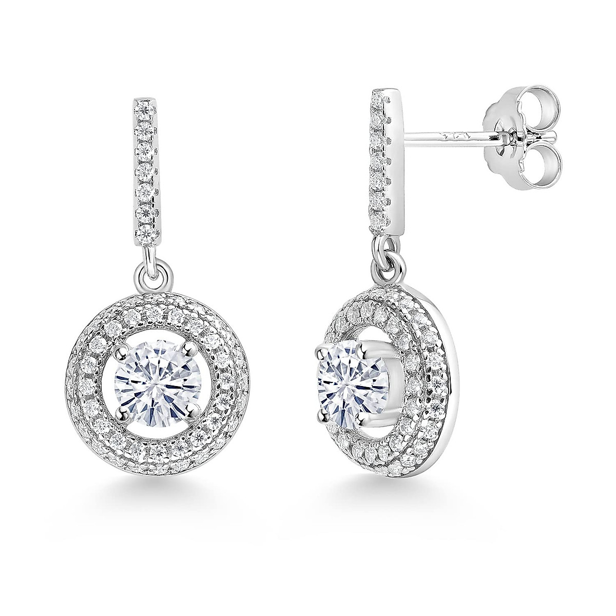 Gem Stone King 925 Sterling Silver White Moissanite Dangle Earrings For Women (1.51 Cttw, Round 5MM)