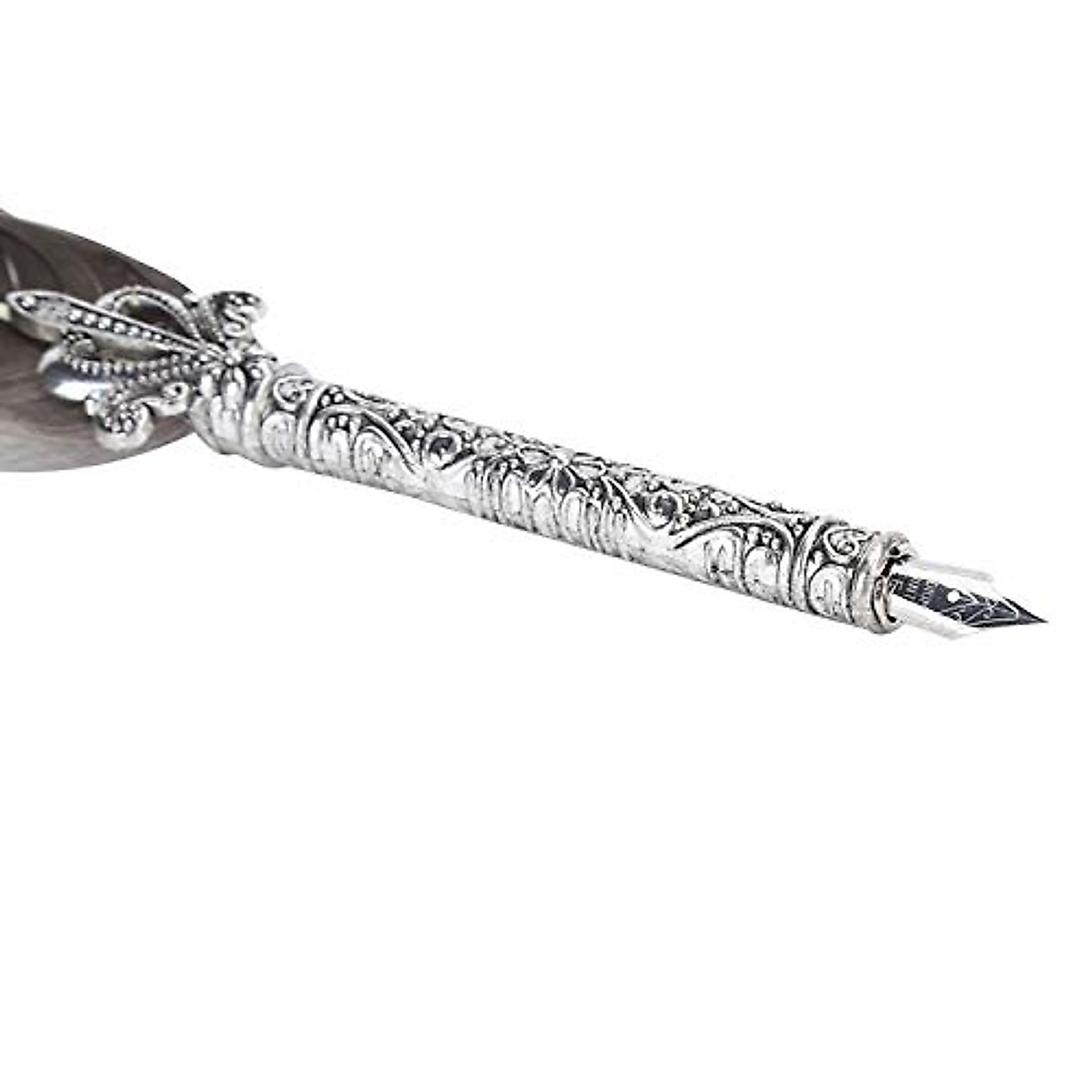 Quill Pen with Carving,Vintage Feather Calligraphy Pen Ink Set with 5 Pen Tip Replacement,Ink Bottle,Handcrafted Feather Pen Gift Box(Grey)