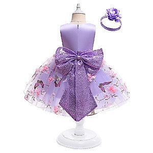 Flower Girl Sequins Bowknot Butterfly Tutu Dress for Kids Baby Christening Baptism Communion Birthday Party Dress Toddler Princess Pageant Wedding Gown with Headwear Purple - Butterfly 4-5 Years