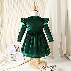 Toddler Baby Girls Vintage Ruffle Velvet Dress Fall Winter Kids Solid Long Sleeve Casual Princess A-Line Dress for Christmas Wedding Evening Gown Holiday Outfit Dark Green 4-5 Years