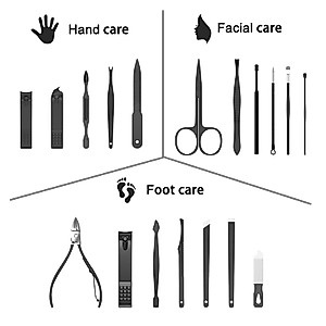 Cater Manicure Nail Clippers Pedicure Set - Stainless Steel Manicure, Professional Grooming Kit, Nail Care Tools with Luxurious Travel Case (18pcs-Black)