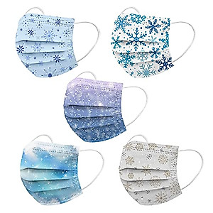 Wtosuhe 50Pcs Adults Disposable Frozen Snowflake Face_Masks with Cartoon Designs, 3-Ply Winter Breathable FaceMasks with Nose Wire for Women Man Holiday Work Travel (Snow_C) (Snow_C)