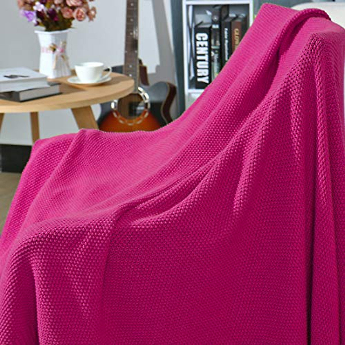 PiccoCasa 100% Cotton Knit Throw Blanket,Solid Lightweight Decorative Throws and Blankets,Soft Knitted Throw Blanket for Sofa Couch, Fuchsia 50" x 60"