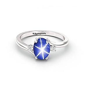 HRG Lindy Star Ring 6 Rays Blue Sapphire Star Ring 7x5mm Oval Cabochon Ring Anniversary Ring Handmade RingSolitaire Ring (Sterling Silver, 6)