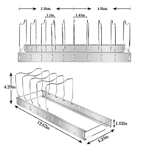 JORETLE Pot Lid Organizer, Pot and Pan Lid Holder Kitchen Pot Lid Rack, Best Organization Tool Suitable for Baking Pan, Cutting Board, Trays (2 PCS, 8 Silicone Foot Covers)