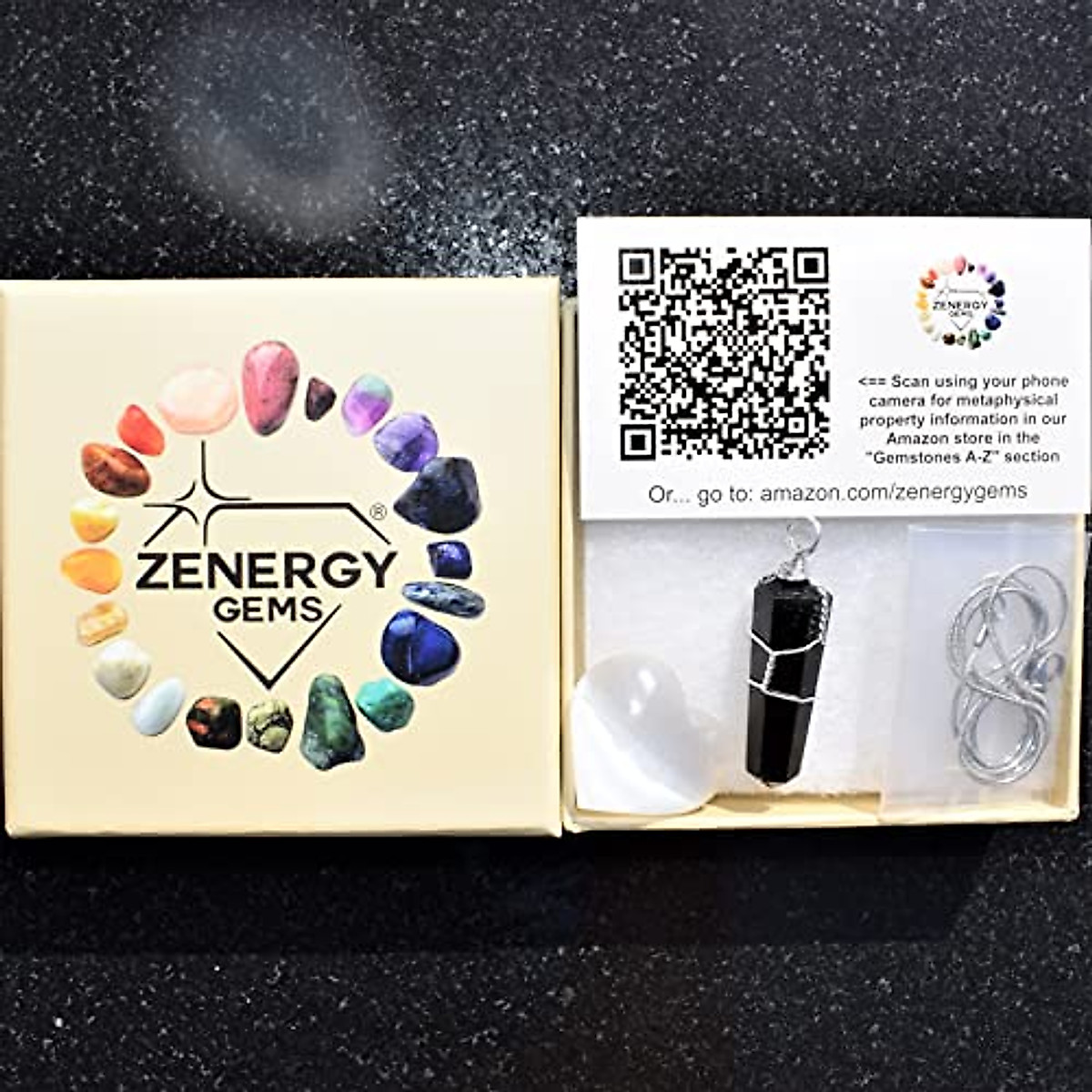 Zenergy Gems Selenite Charged Wire-Wrapped Natural Gemstone Pendant + 20" Silver Chain * Baby Selenite Pocket Puffy Heart (Black Tourmaline (Himalayan))