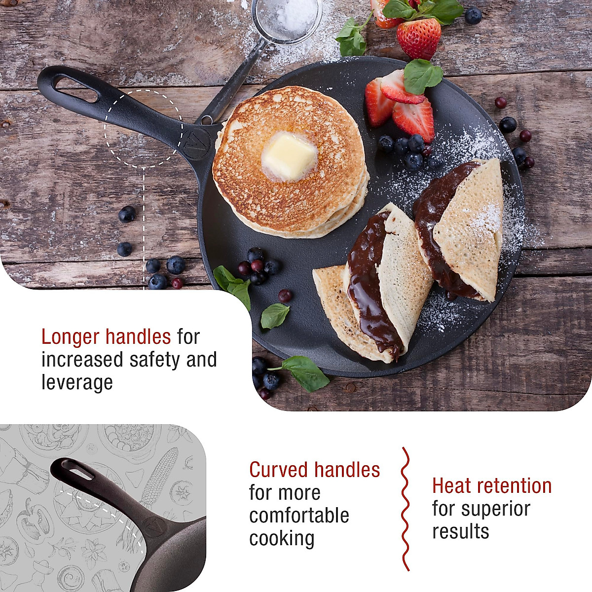 Victoria 10.5-Inch Cast Iron Comal Griddle Pan with a Long Handle, Preseasoned with Flaxseed Oil, Made in Colombia