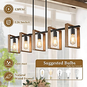 53’’ Farmhouse Kitchen Island Lighting, 5-Light Adjustable Dining Room Light Fixtures, Rustic Wood Chandeliers Black Hanging Light Fixtures for Kitchen, Pool Table Lights, Bulbs Not Included