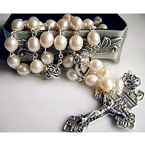 elegantmedical Bali 925 Sterling Silver 8-9mm Real Pearl Beads Catholic Rosary NECKLACE Cross