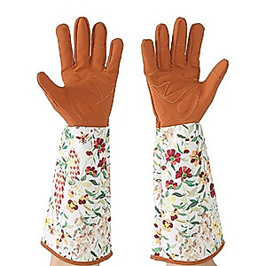 Ruibo Leather Rose Gardening Gloves/Thorn Proof Pruning Gloves With Puncture Resistant Long Sleeve Polyester Print Cuff/For Blackberry Plants Rose Bush Women