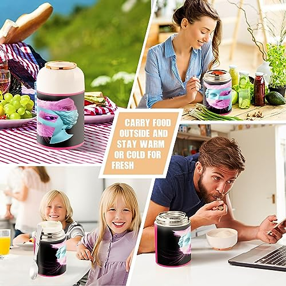 CUPADA Sculpture Cat Cool Food Jar, Art Design Insulated Hot Food Jars Vacuum 17OZ with Folding Spoon for Work Trip Picnic Camping