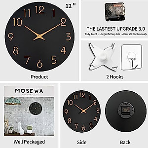 Mosewa 12 Inch Black Wall Clock Battery Operated Silent Non-Ticking - Modern Simple Minimalist Clock Decorative for Kitchen,Bedroom,Home Office,Bathroom,Living Room
