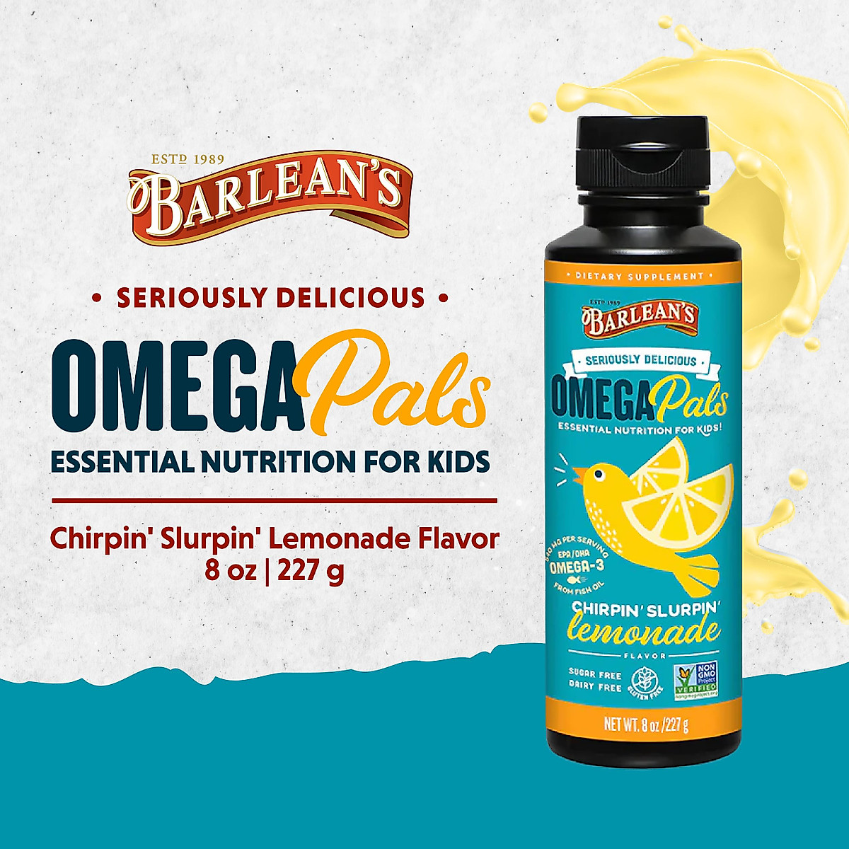 Barlean's Omega Pals Chirpin' Slurpin' Omega 3 for Kids, Yummy Lemonade Flavored Children's Liquid Fish Oil Supplement with 540 mg of EPA and DHA for Brain and Eye Health, 8 oz