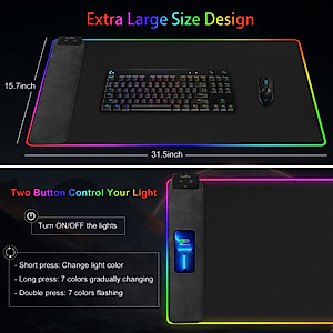 Wireless Charging RGB Gaming Mouse Pad, 31.5"x15.7" Large Desk Mat, Desk Pad with Wireless Charger, Non-Slip Rubber Base, Waterproof, Computer Keyboard Mat for Gamer, Office, Home, Black
