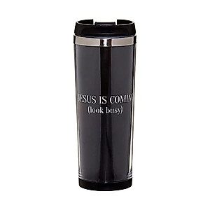 Travel Coffee Tumbler Double Wall Insulation and Lockable Lid, Jesus Is Coming Look Busy Hot Beverage Cup, Funny Drinking Cups Religious Gift Idea, 7.75 Inches
