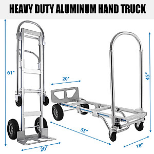 TOPDEEP Heavy Duty Aluminum Hand Truck, Industrial Convertible Hand Truck Dolly Large Size, Utility Cart Converts from Hand Truck to Platform Cart with 10" Hi Tech Rubber Wheels