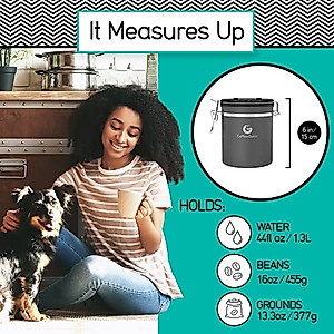 Coffee Gator Coffee Canister, Stainless Steel Airtight Coffee Containers for Ground Coffee with Date-Tracker, CO2-Release Valve, Measuring Scoop & Travel Jar - Medium, 16 oz, Silver