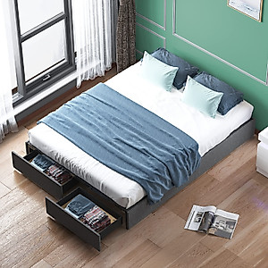CECER California King Size Bed Frame with 2 Storage Drawers, Linen Platform Bed Frame with Wood Slat Support, No Box Spring Needed, Easy Assembly, Dark Grey