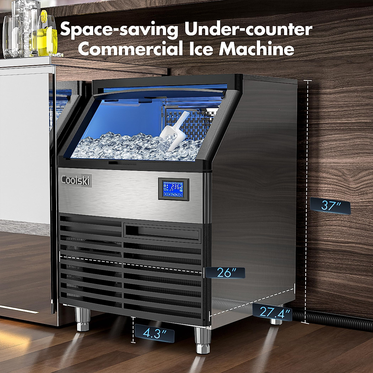 Coolski Commercial Ice Maker Machine 200LBS/24H, 26’’ Under Counter Ice Machine with 80LBS Storage Capacity, Stainless Steel Ice Maker for Restaurant/Bar/Home, Air Cooled/Clear Ice Cubes/ETL Approved