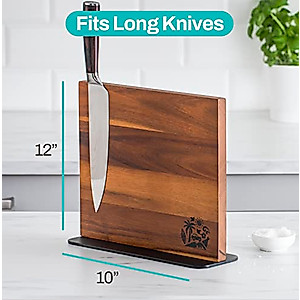 Magnetic Knife Block Holder Rack - Acacia Wood Cutlery Storage for 12 Knives Double Sided Magnets & Non-Slip Base - Knives Not Included
