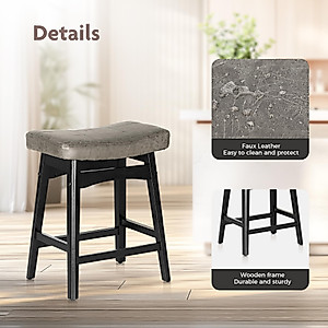 ALPHA HOME Bar Stools Set of 3, Solid Wood Saddle Kitchen Stools with Grey PU Leather Cushion Counter Height Barstools with Wooden Base for Kitchen Dining Cafe, 24 Inch, Grey, 3PCS