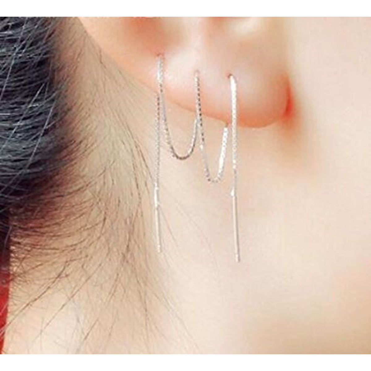 A Pair 925 Sterling Silver Tassel Threader Drop Earrings Long Chain Ear Line (silvery)